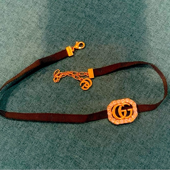 Gucci | Jewelry | Gucci Double Gg Crystal Choker Necklace Black Ribbon ...